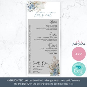 Bohemian Menu Card Boho Blue Pampas Grass Birthday Party Table Menus ...