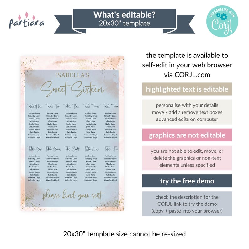 Editable Seating Chart Sweet 16 Birthday Template: Girls or Ladies ...