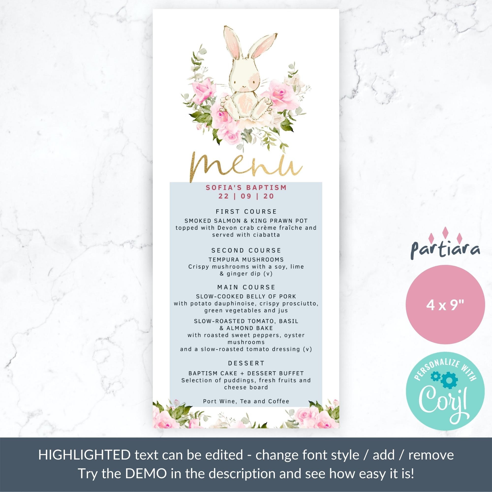 Editable Bunny Menu Card Girl Baptism Printable Table Menus - Etsy