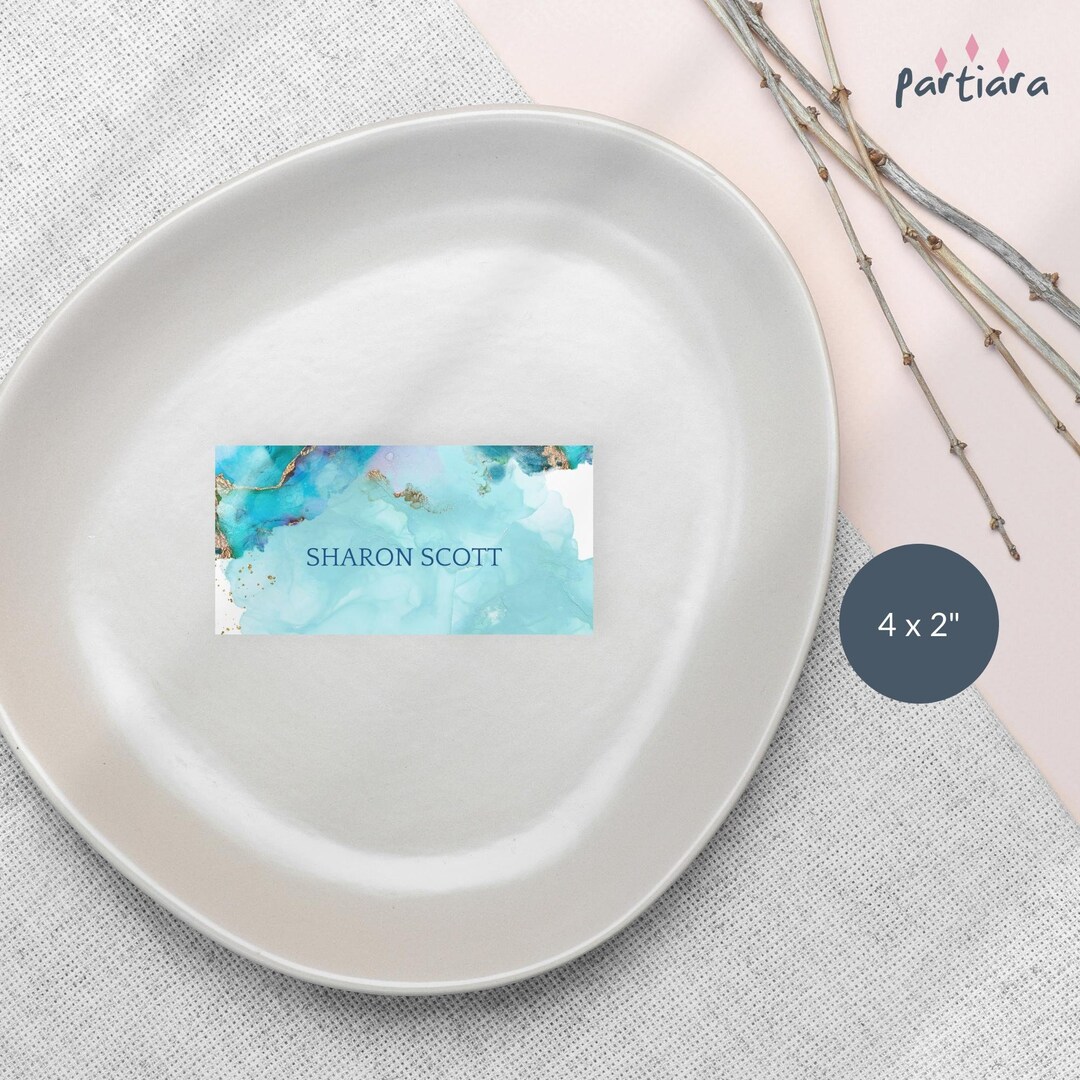 Dinner Name Place Cards Printable Teal Blue Gold Birthday Pool Party ...