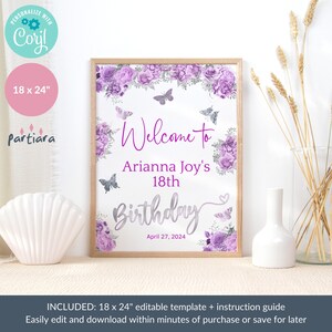 Butterfly Birthday Sign Welcome Party Printable, Girls Purple Floral ...