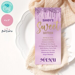 Sweet 16 Menu Template, 16th Birthday Party Menus Printable, Purple ...