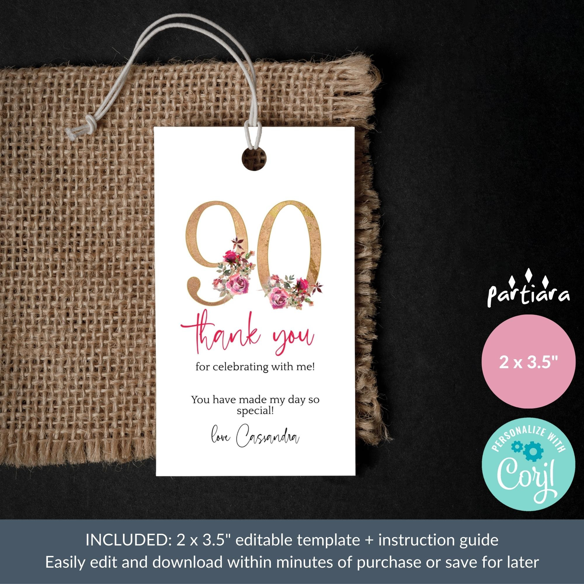 Ladies 90th Tags, Birthday Thank You Favor Gift Tag Template, Pink Red ...