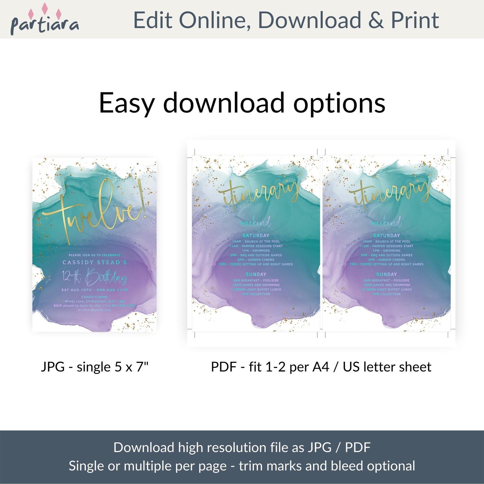 Girl 12th Birthday Invitation Itinerary Printable Purple Teal Gold ...