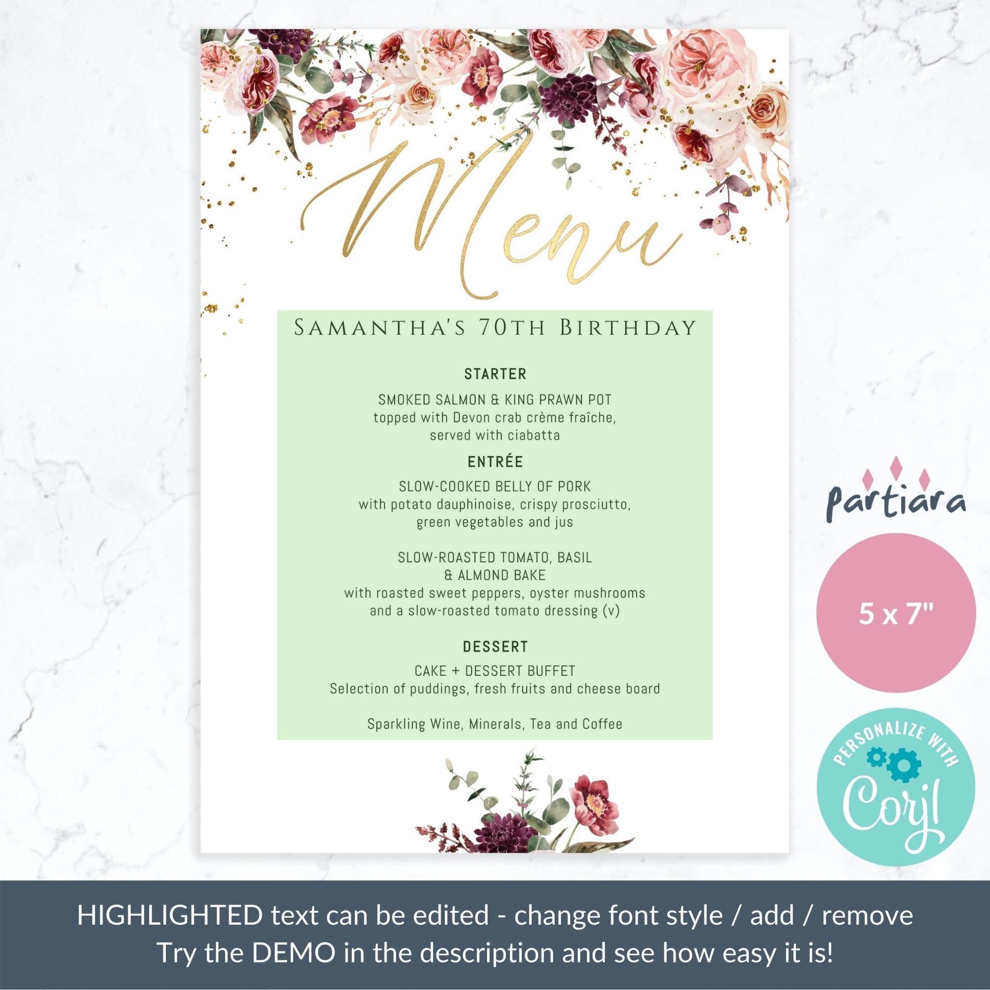 Ladies Birthday Food Menu Floral Blush Pink Rust Red Gold - Etsy