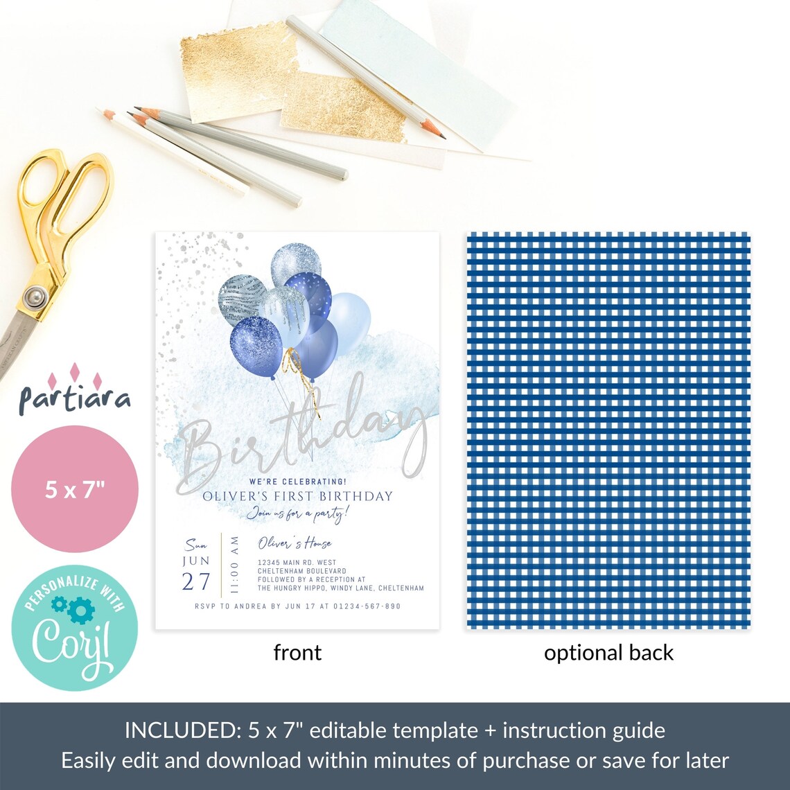 Editable Birthday Balloons Invitation Template Baby Boy 1st - Etsy