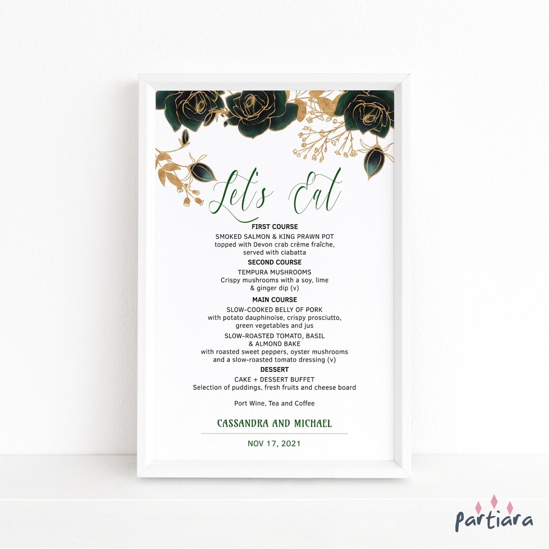 Floral Emerald Green Menu Sign Printable Wedding Bridal Shower Ladies ...