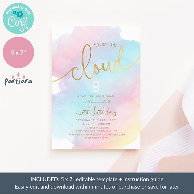 Pastel Rainbow Cloud Birthday Invitation Printable Girl's Sky and ...