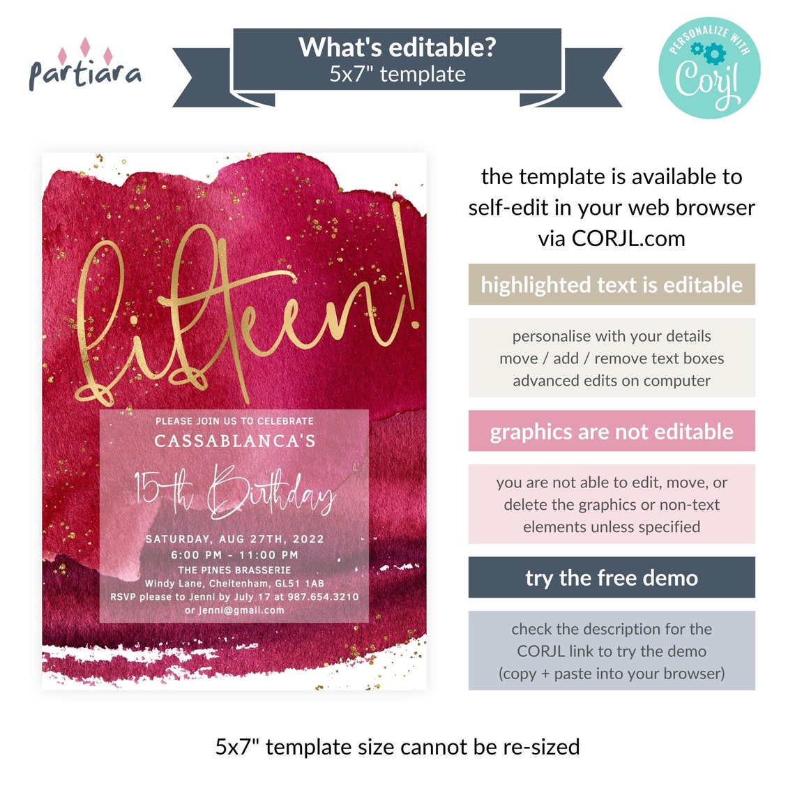 Red Gold 15th Birthday Invitation Girl's Printable Ruby - Etsy