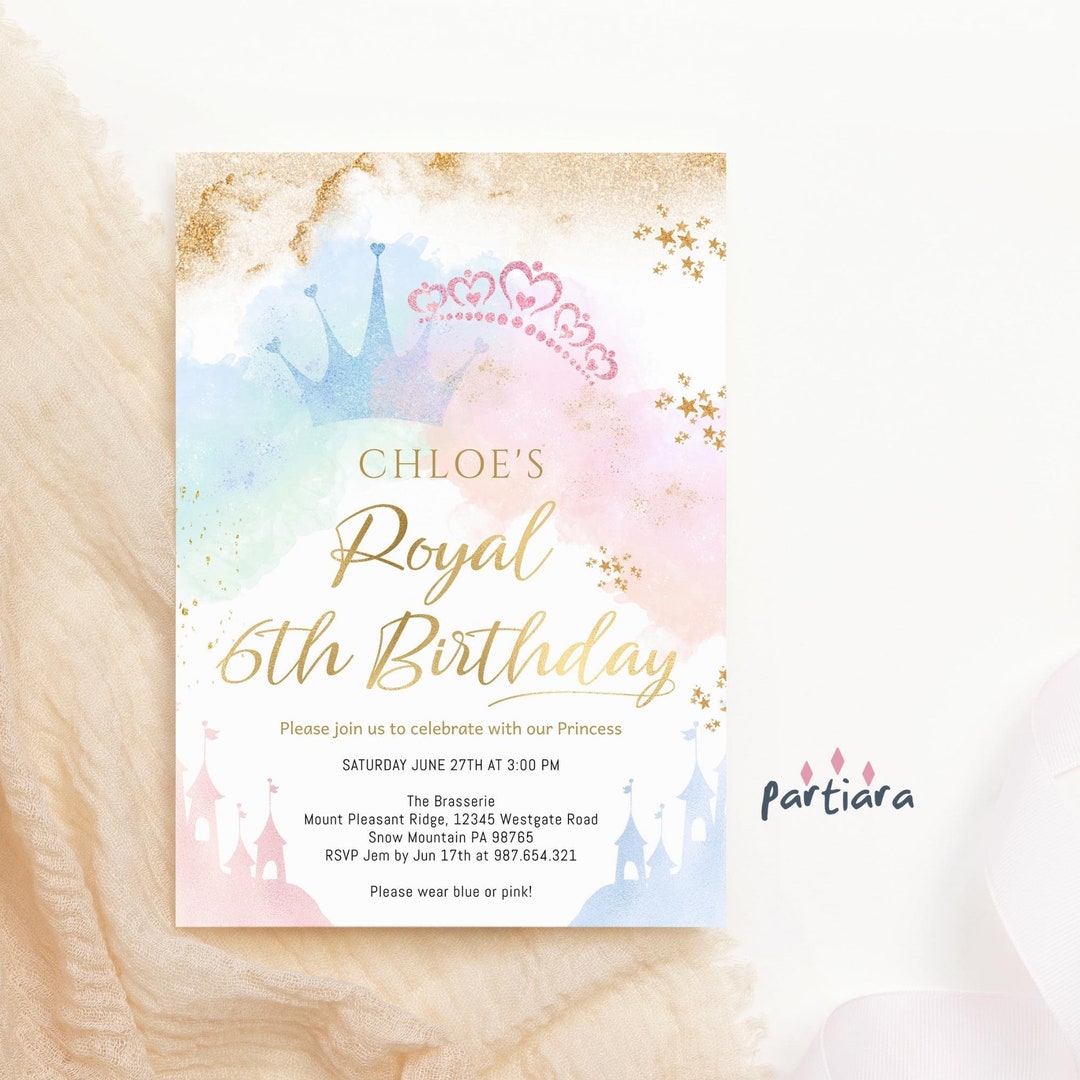 Princess 6th Birthday Invitation Printable Girl Fairytale Castles and ...