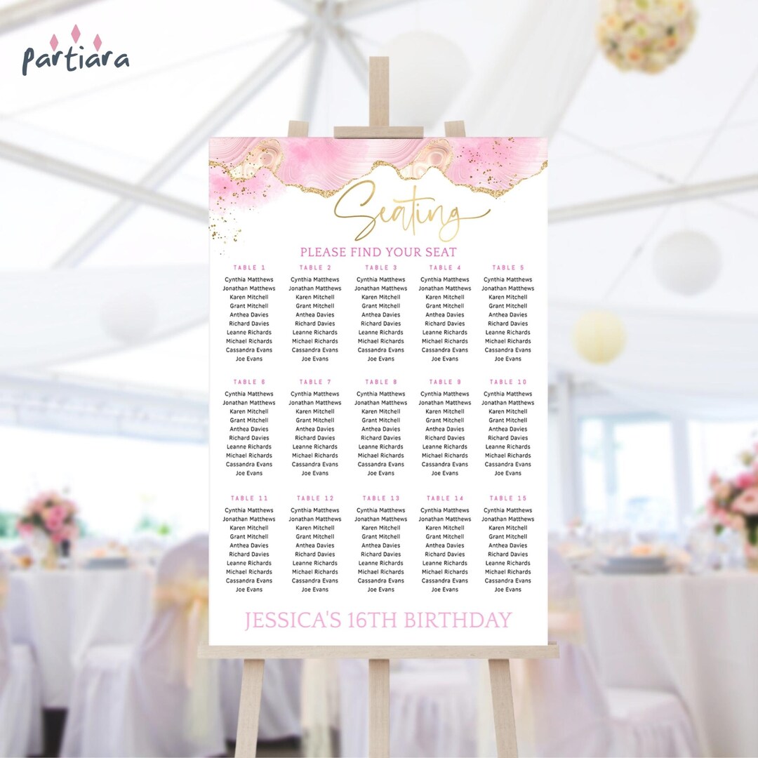 Seating Chart Pink and Gold Birthday Party Editable Template, Sweet 16 ...