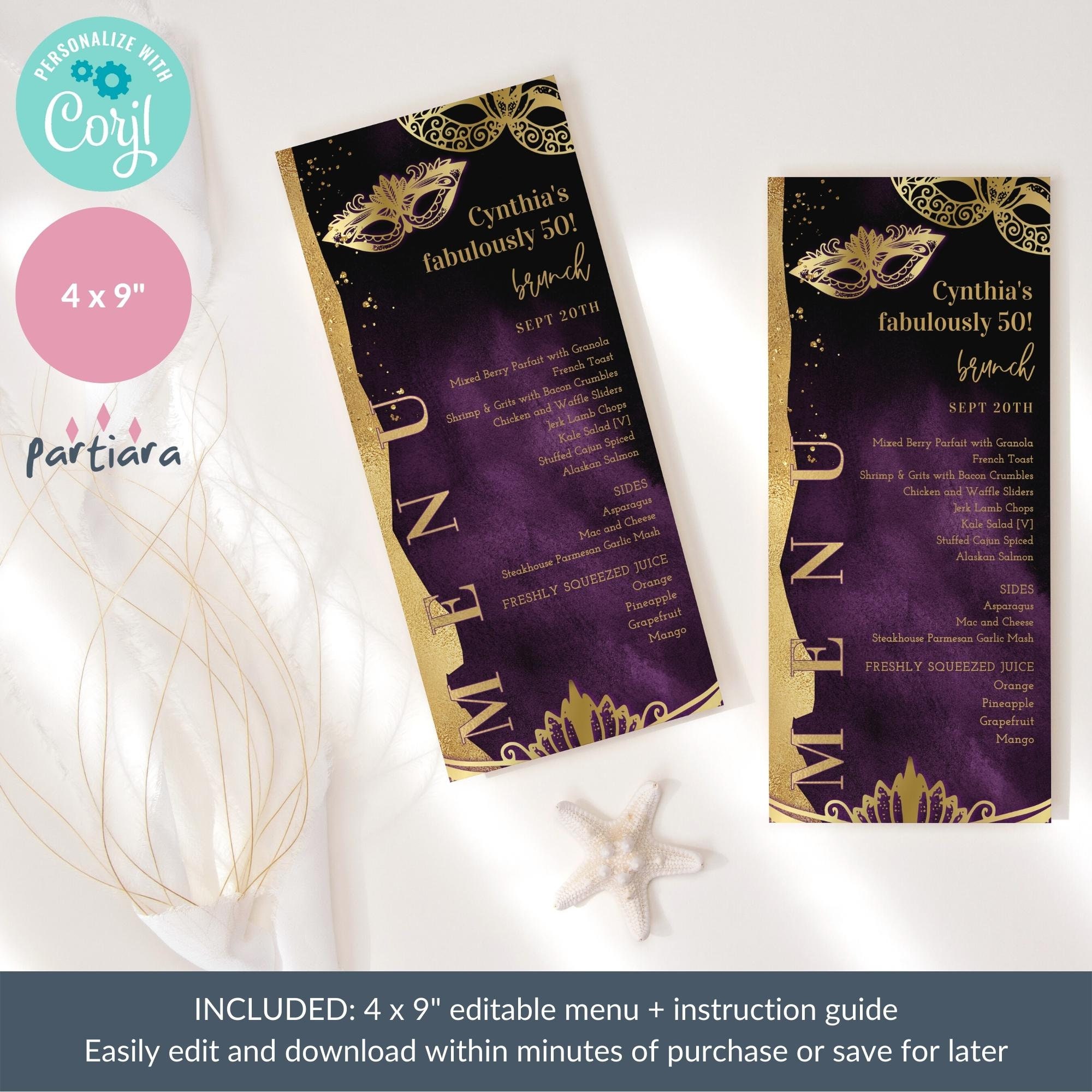 Purple Gold Masquerade Party Menu Printable Ladies Masked Ball - Etsy