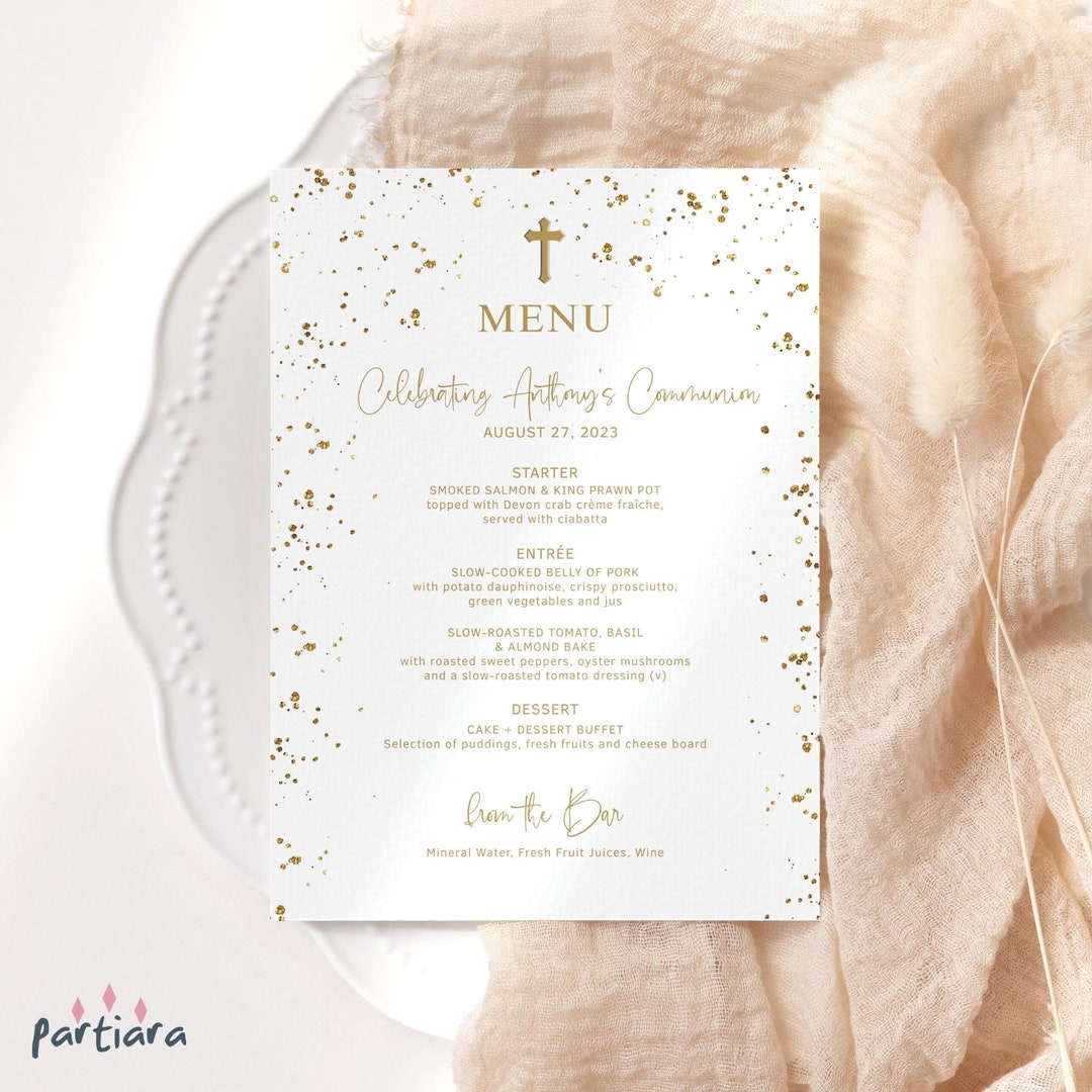 All White Gold Communion Menu Printable Boy or Girl First Holy ...