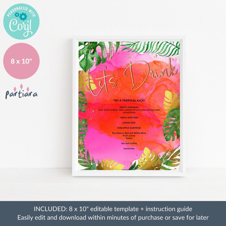 Tropical Drinks Menu Sign, Signature Bar Menus, Birthday Brunch Poster ...