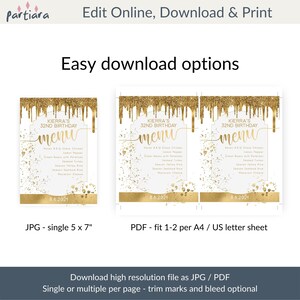 Ladies All White Gold Menu Card Template Teen Girls Brunch Lunch or ...