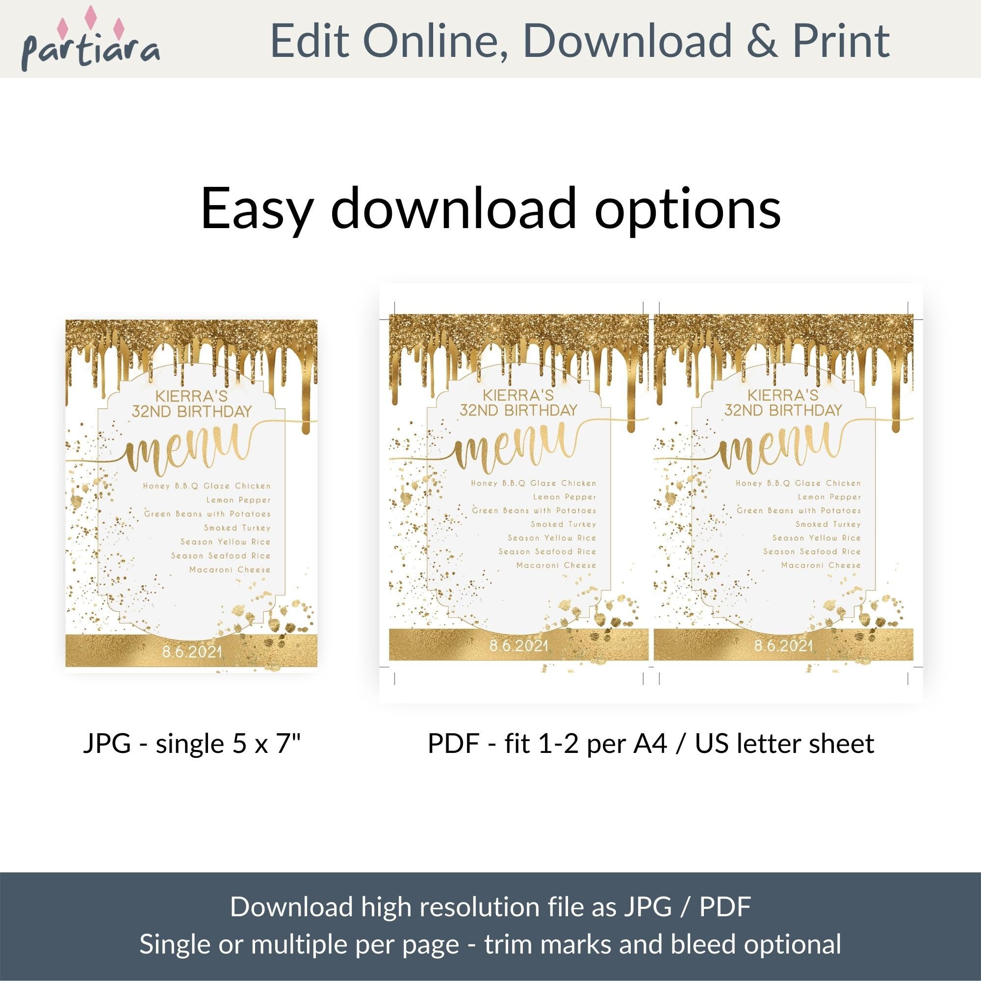 Ladies All White Gold Menu Card Template Teen Girls Brunch - Etsy