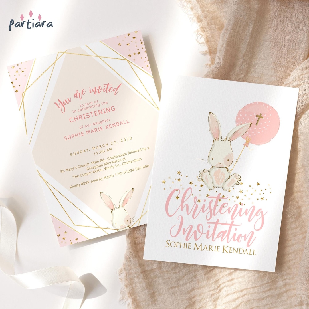 Girl Christening Invite Bunny Rabbit Invitations, Girl 1st Birthday ...