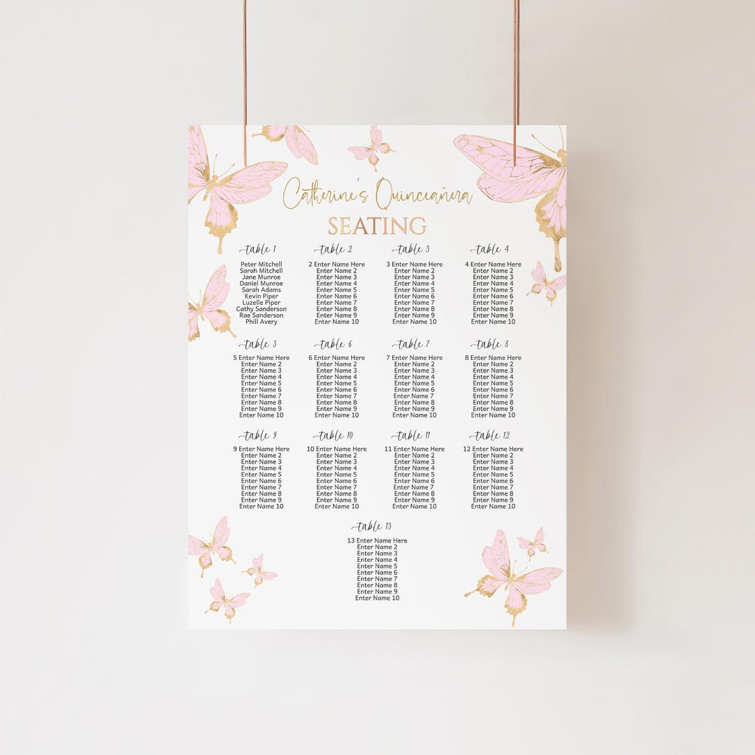 Butterfly Seating Chart Quinceanera Party Table Seating Sign Printable ...