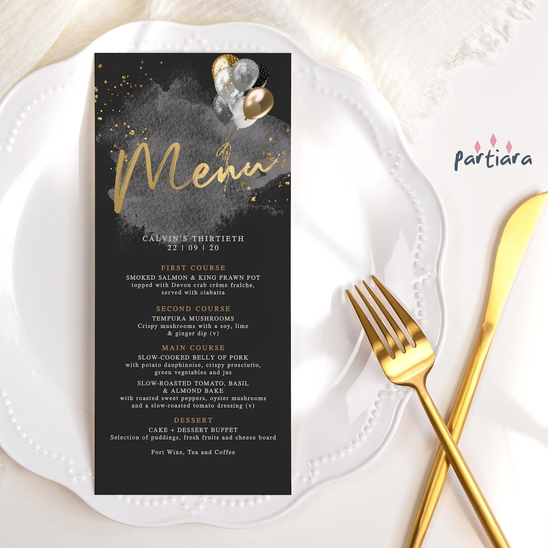 Mens Birthday Menu Template, Black Silver Dinner Party Plate Menus ...