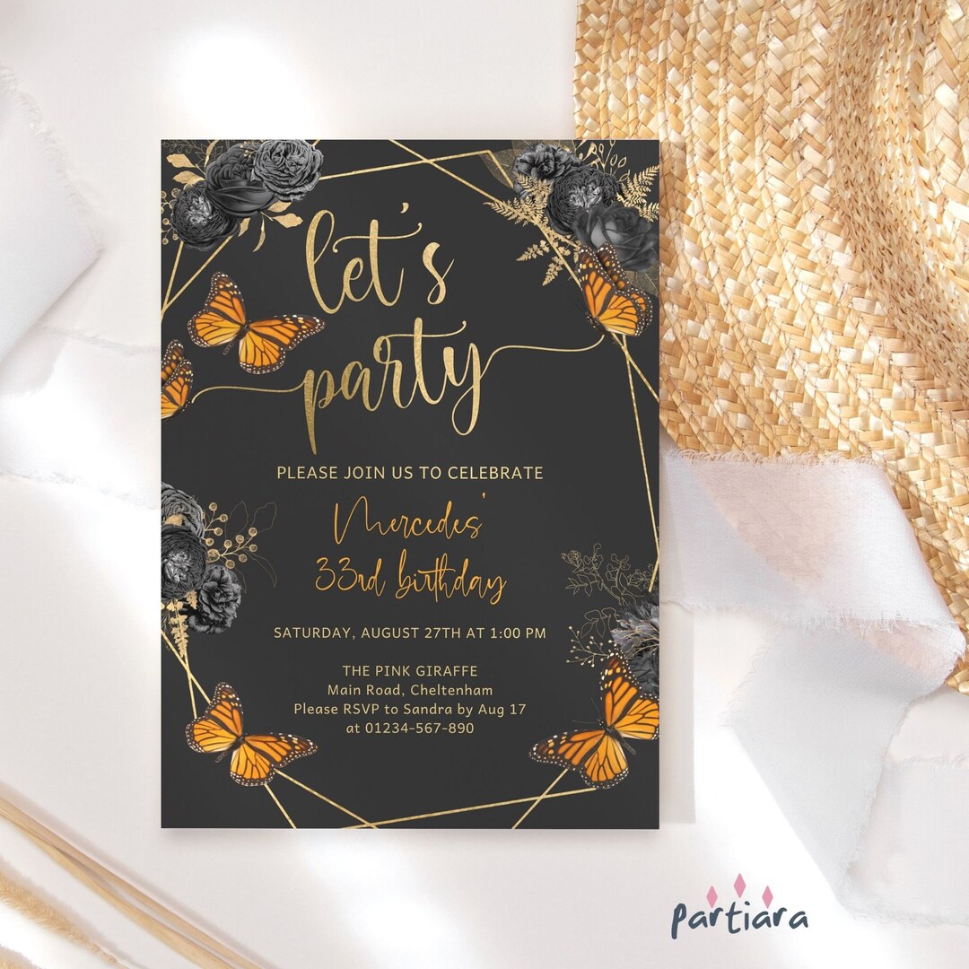 Monarch Butterflies Invitation Let's Party Adult Birthday Invites for ...