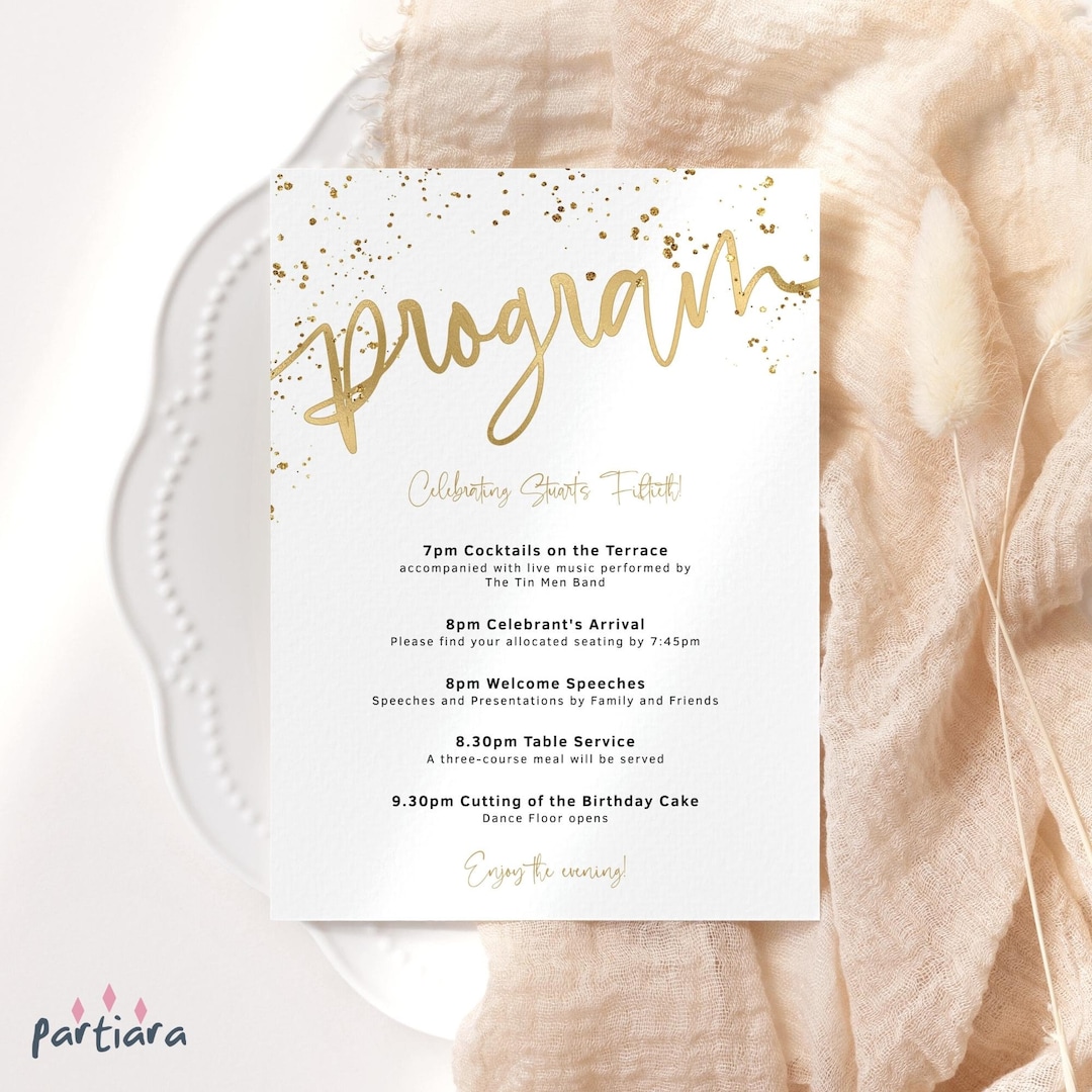 All White Gold Program Printable Ladies Birthday Dinner Party Table ...