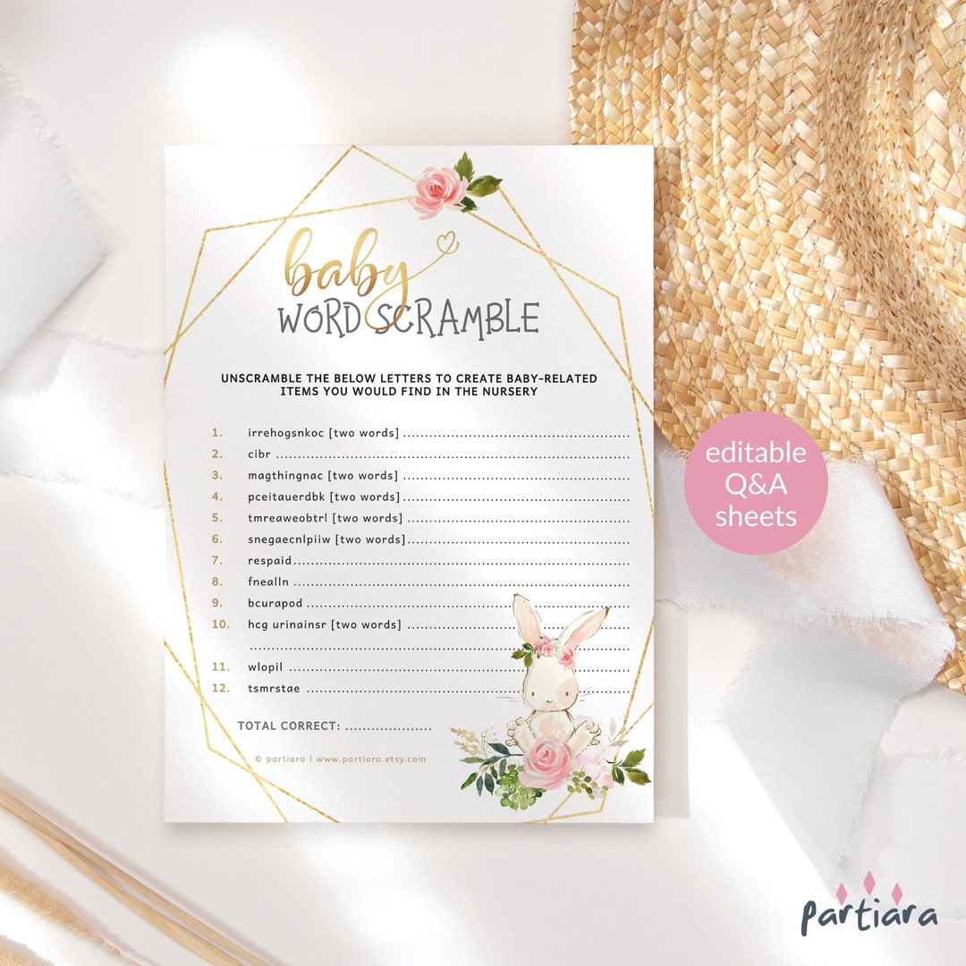 Bunny Baby Shower Games Word Scramble Party Activity Notecards ...