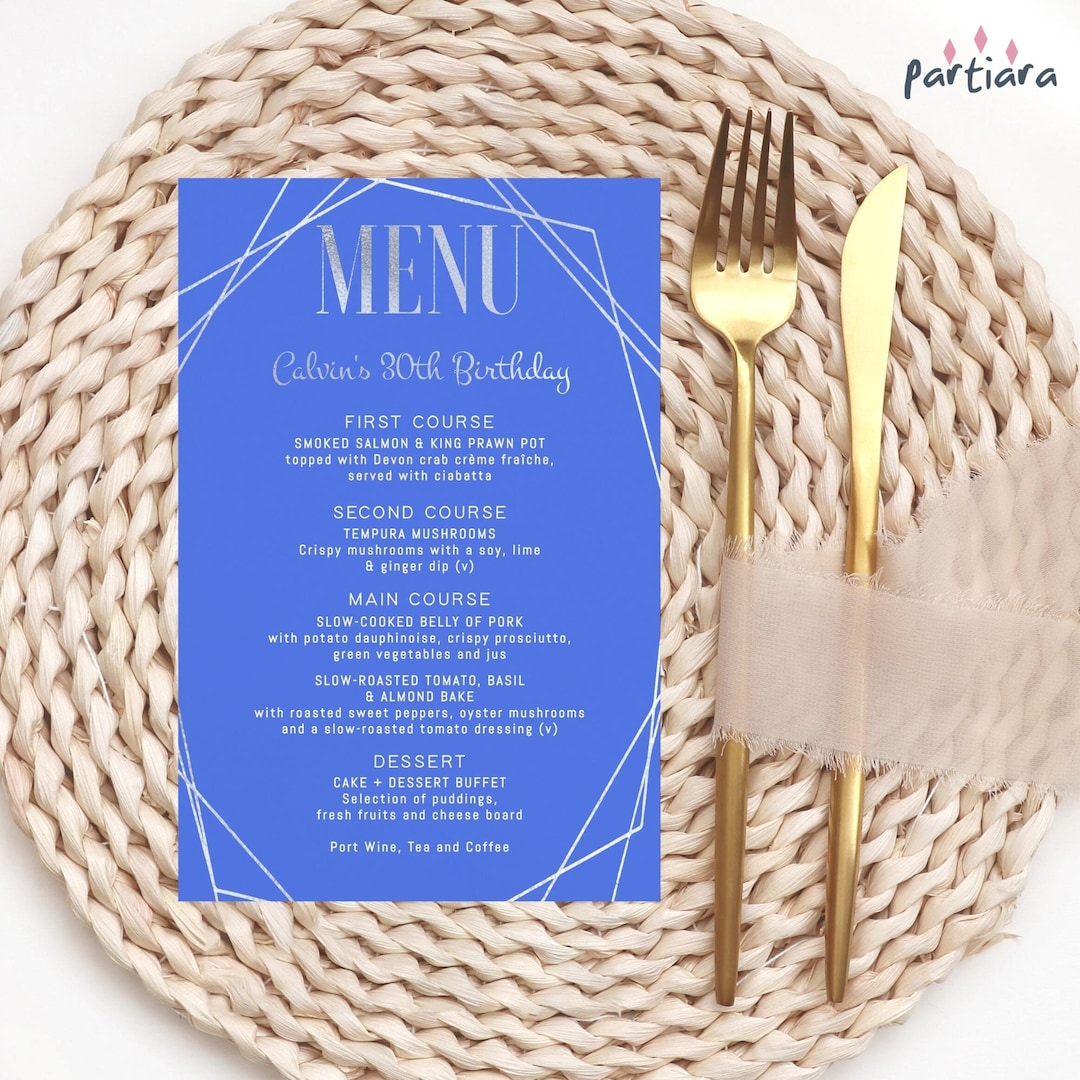Royal Blue Menu Template, Place Setting Menus Printable, Birthday ...