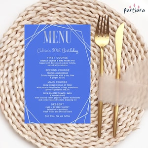 Royal Blue Menu Template, Place Setting Menus Printable, Birthday ...