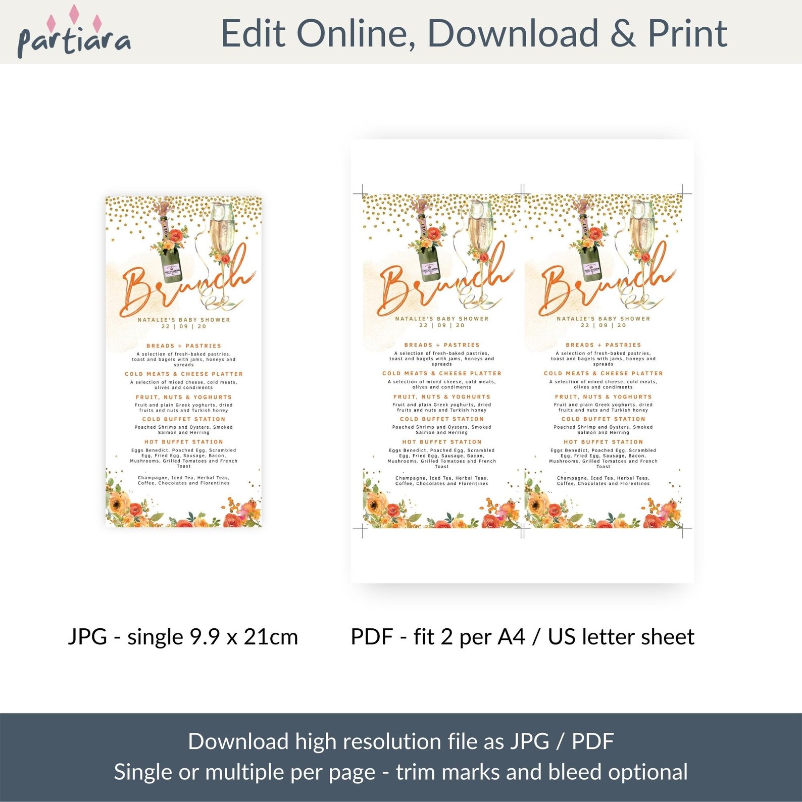 Champagne Brunch Menu Card Editable Ladies Birthday Party - Etsy