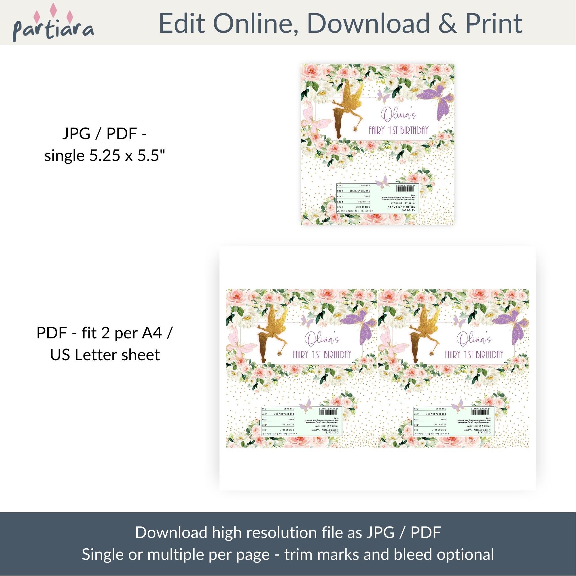 Fairy First Birthday Candy Label Wrapper Girls Tea Party - Etsy