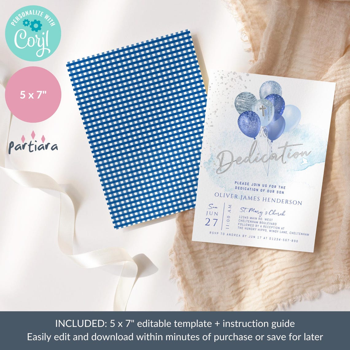 Dedication Invitation Template, Baby Boys Invite Printable, Blue Silver ...