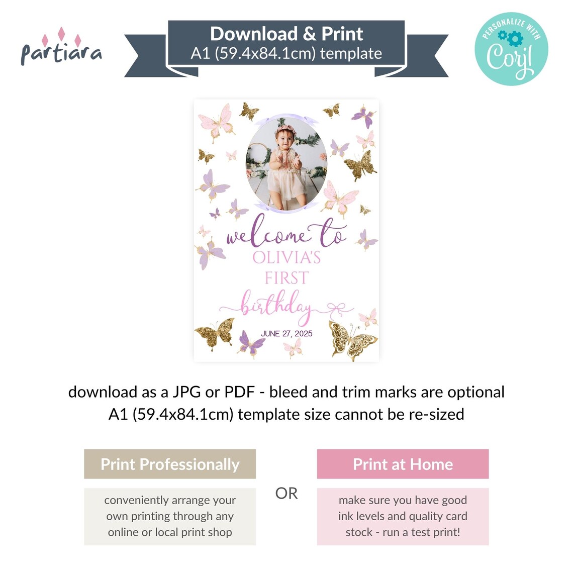 Butterfly Welcome Photo Board Template, Girls 1st Birthday Butterflies ...