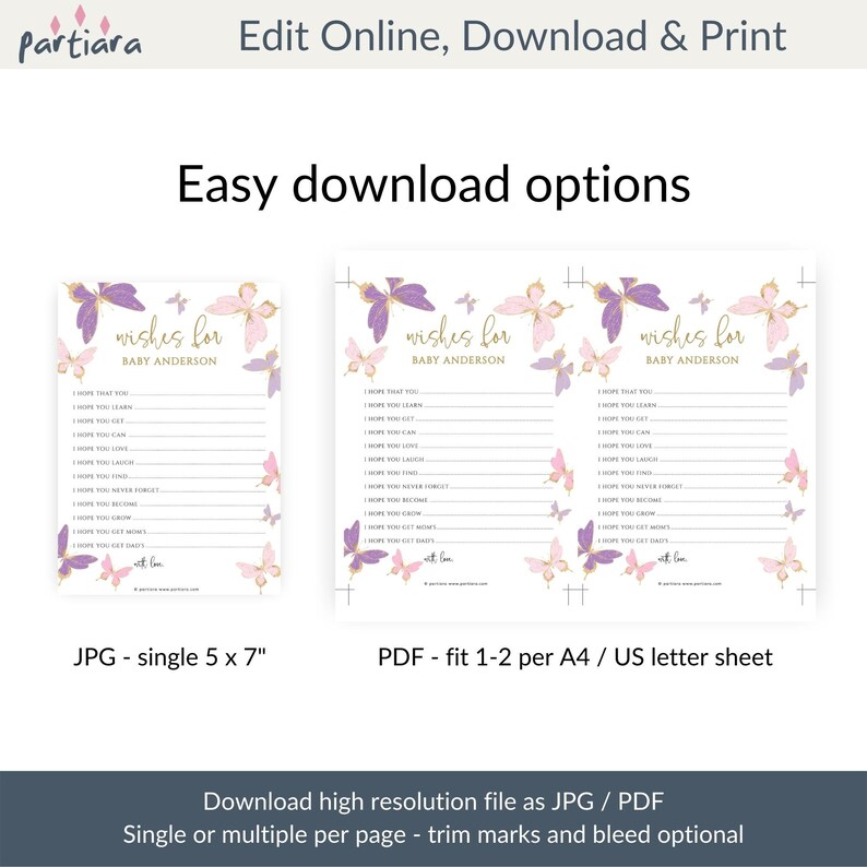 Butterfly Wishes for Baby Card Template, Girl Baby Shower Wishes and ...