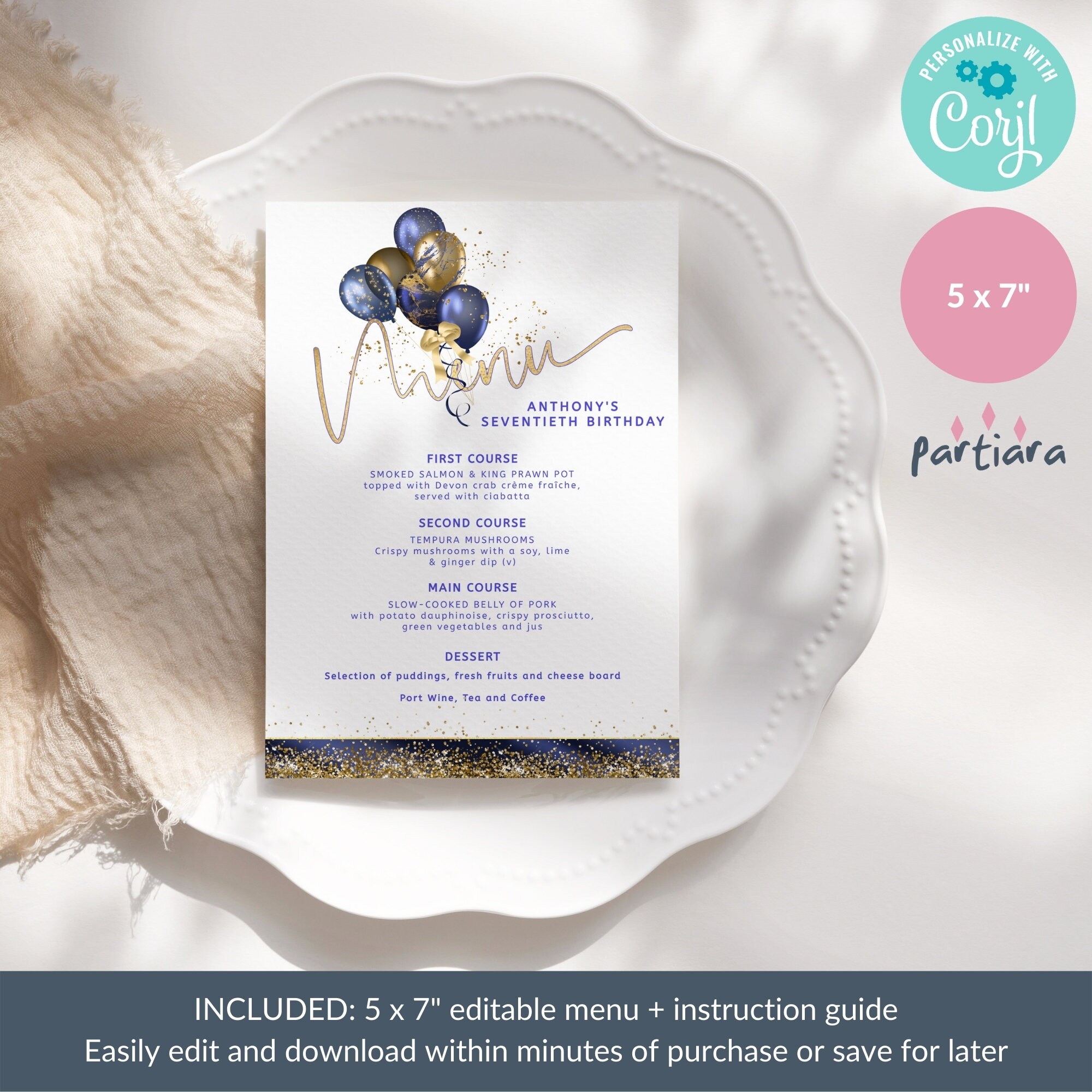 Blue Gold Table Menu Card Printable Editable Men Ladies Royal - Etsy UK