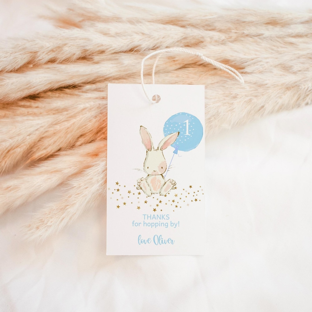 Bunny Thank You Tag, Boy 1st Birthday Favor Gift Tags Printable, Pastel ...