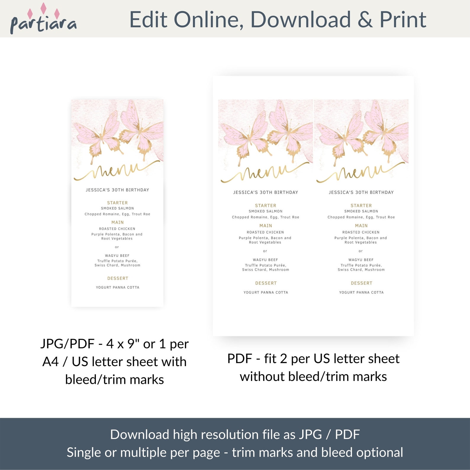 Butterflies Menu Card Editable Slim Party Table Menus Girl - Etsy