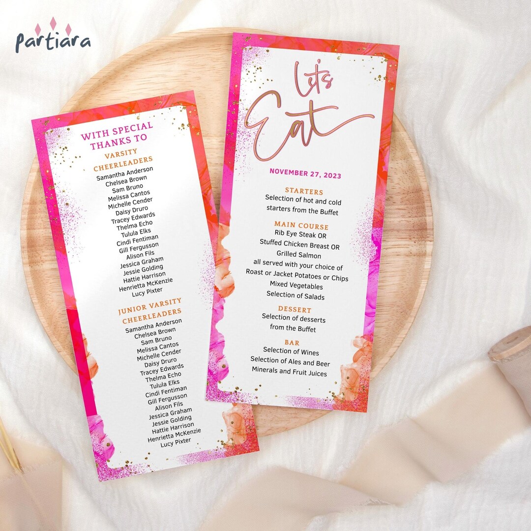 Hot Pink Menu Card With Program Ladies Birthday Table Menus Printable ...