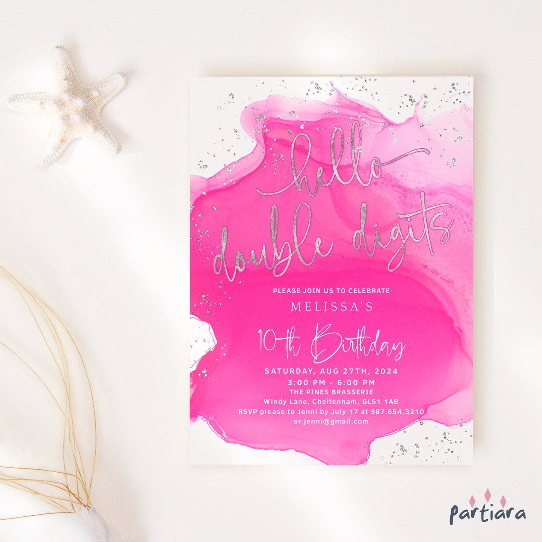 Hello Double Digits 10th Birthday Invitation Template, Hot Pink Silver ...
