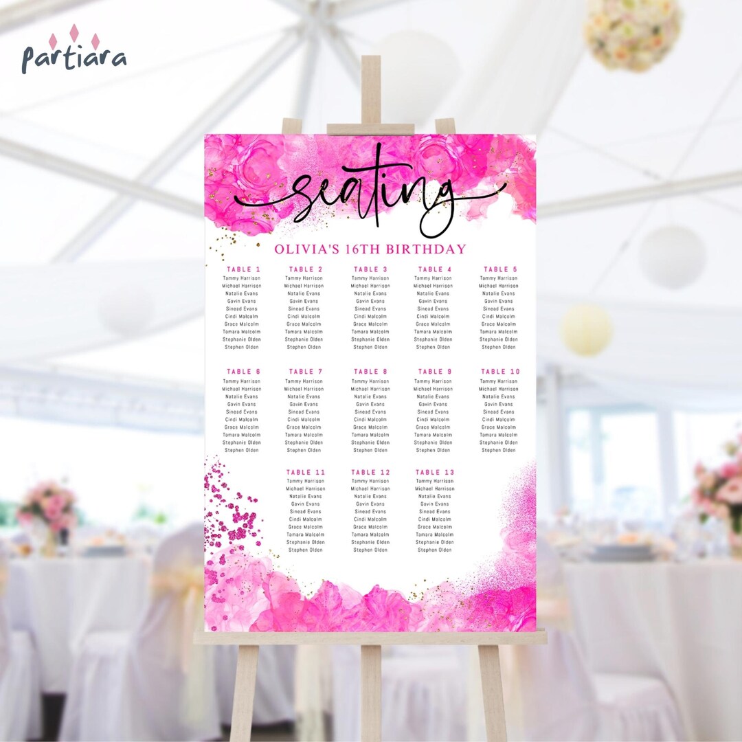 Hot Pink Seating Chart, Sweet 16 Birthday Party Table Seating Sign ...