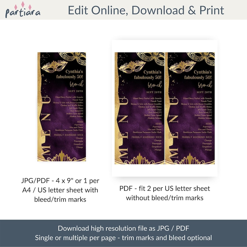 Masquerade Menu Template, Mardi Gras Menu Card, Birthday Dinner ...