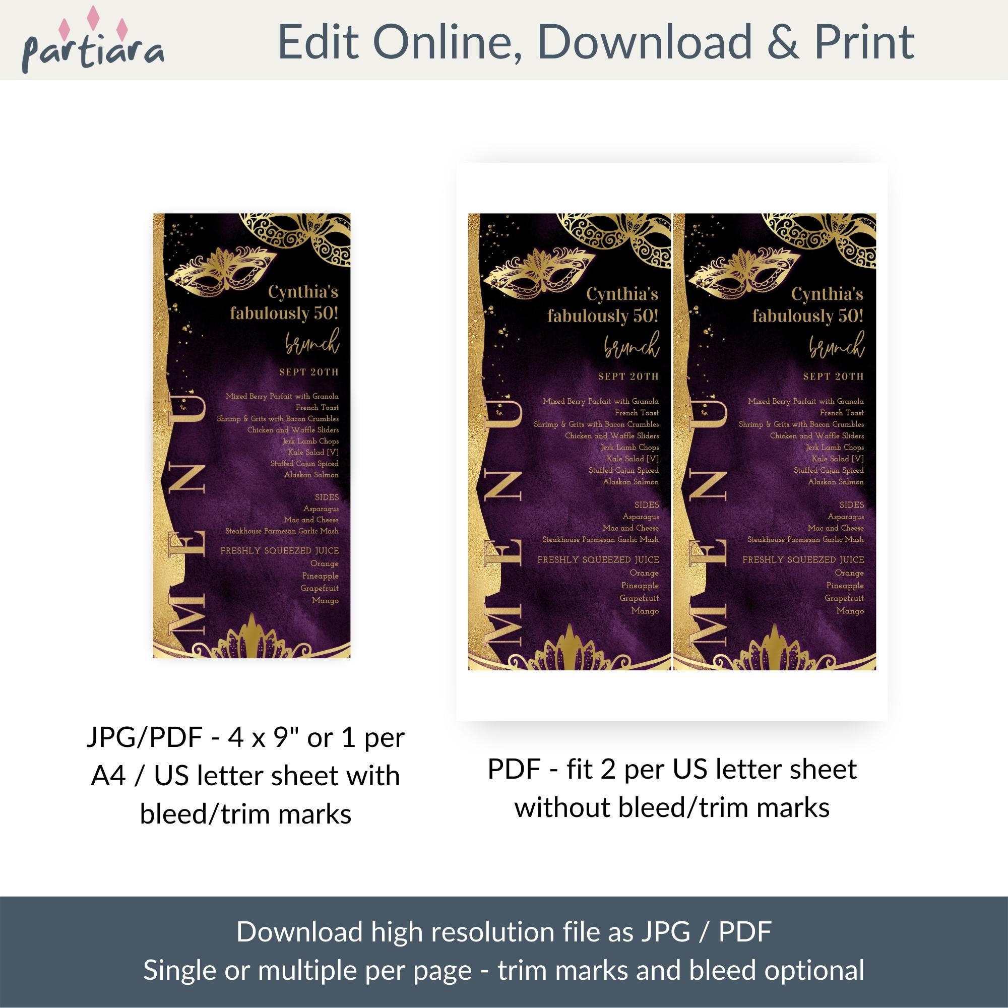 Masquerade Menu Template, Mardi Gras Menu Card, Birthday Dinner ...