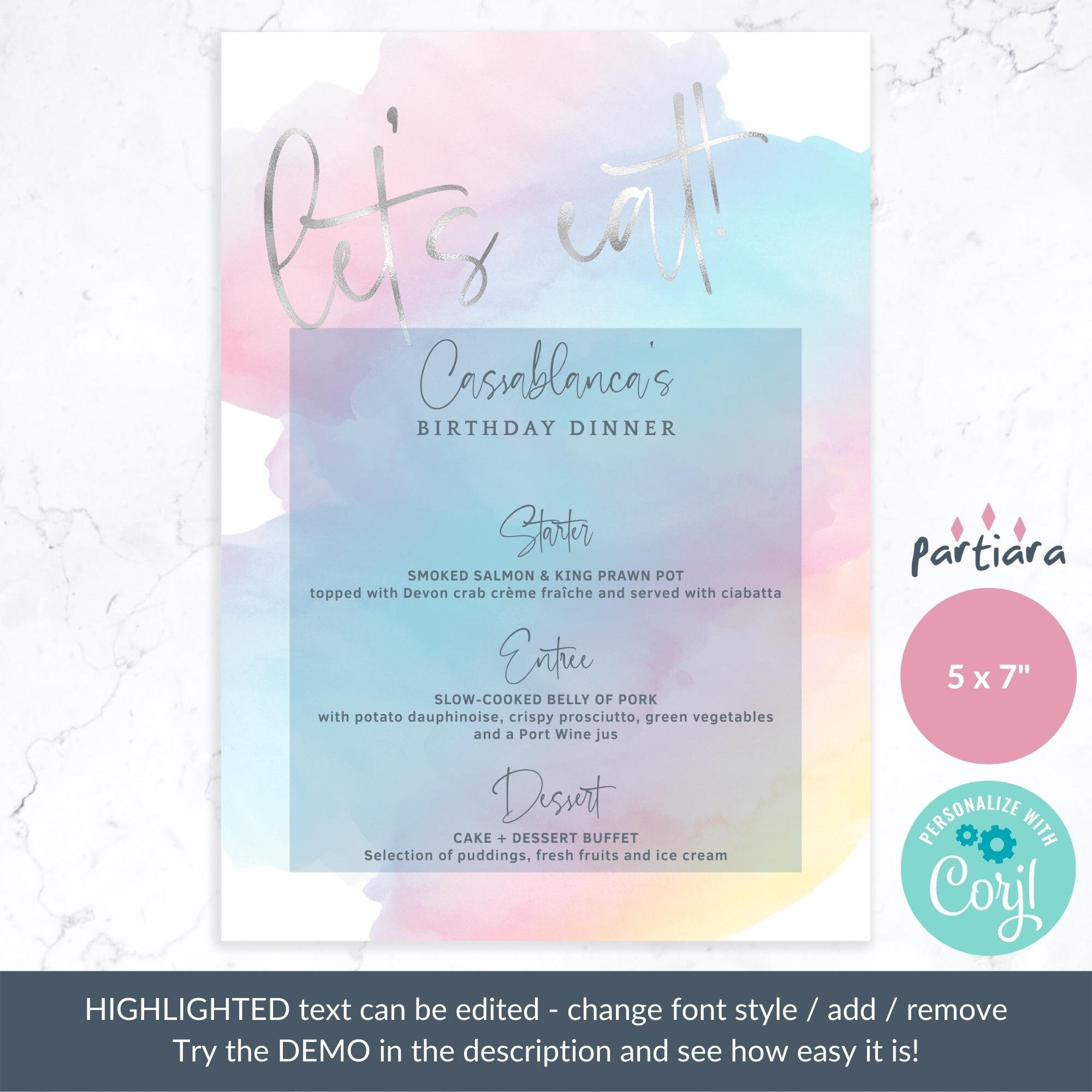 Pastel Birthday Menu Template, Girls Rainbow Party Table Menus ...
