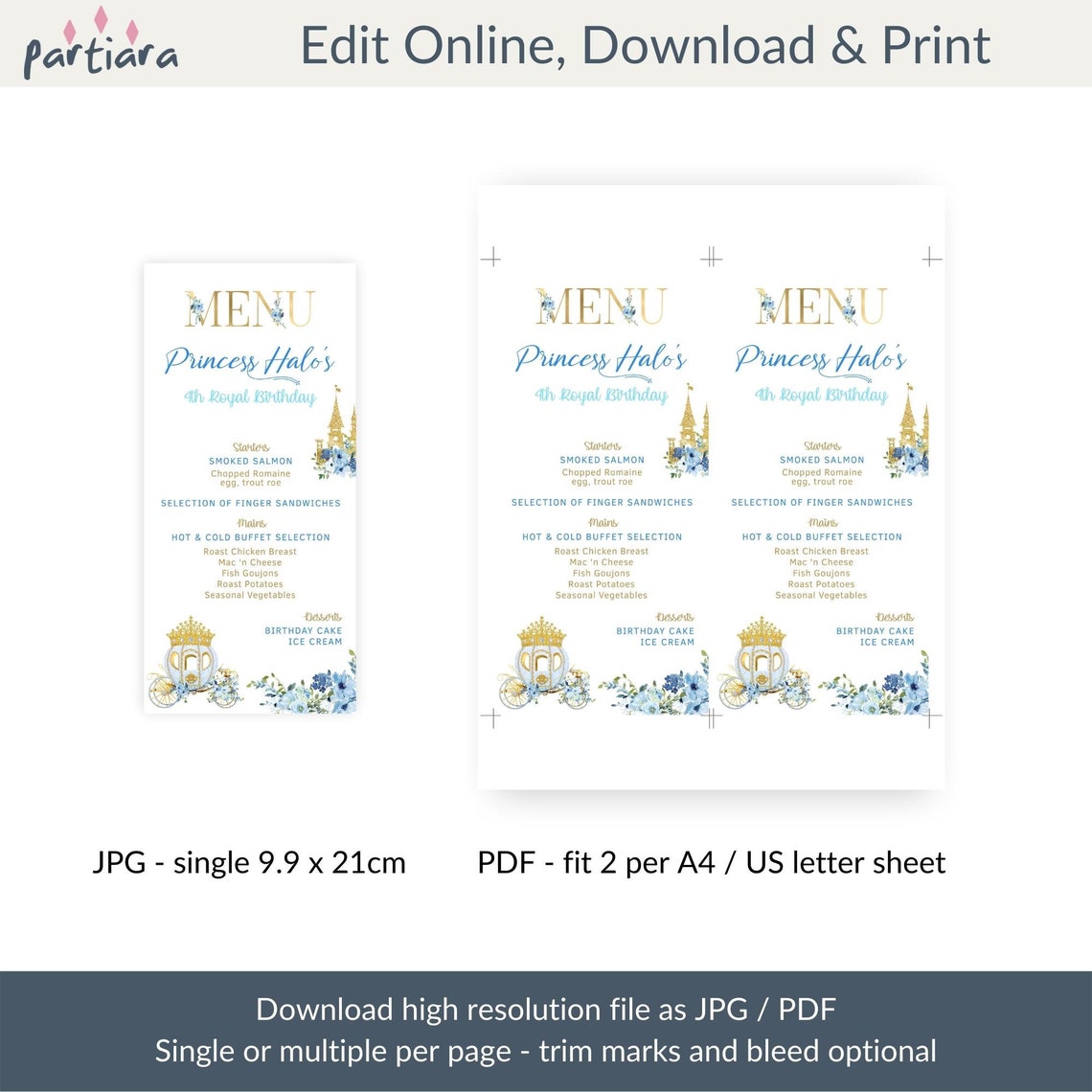 Princess Menu Card Printable, Birthday Fairytale Menus for Girls, Blue ...