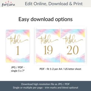 Rainbow Table Number Cards Printable Girls Birthday Party Tables Decor ...