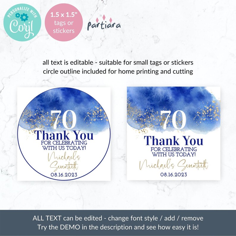 Blue Favor Gift Tag Template: 70th Birthday Party Labels Printable for ...