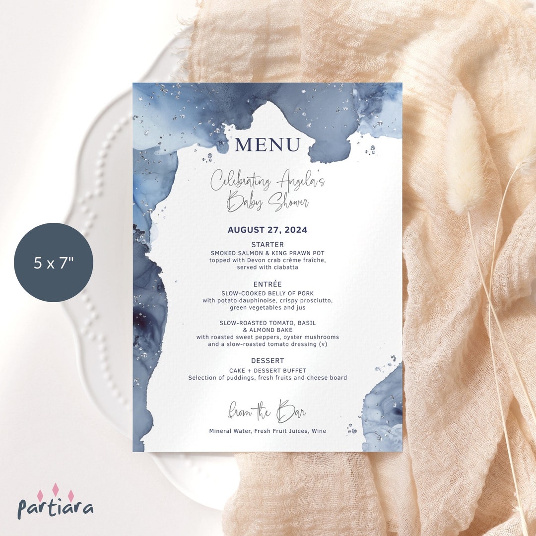 Blue Silver Menu Card Printable, Birthday Table Party Menus for Teen ...