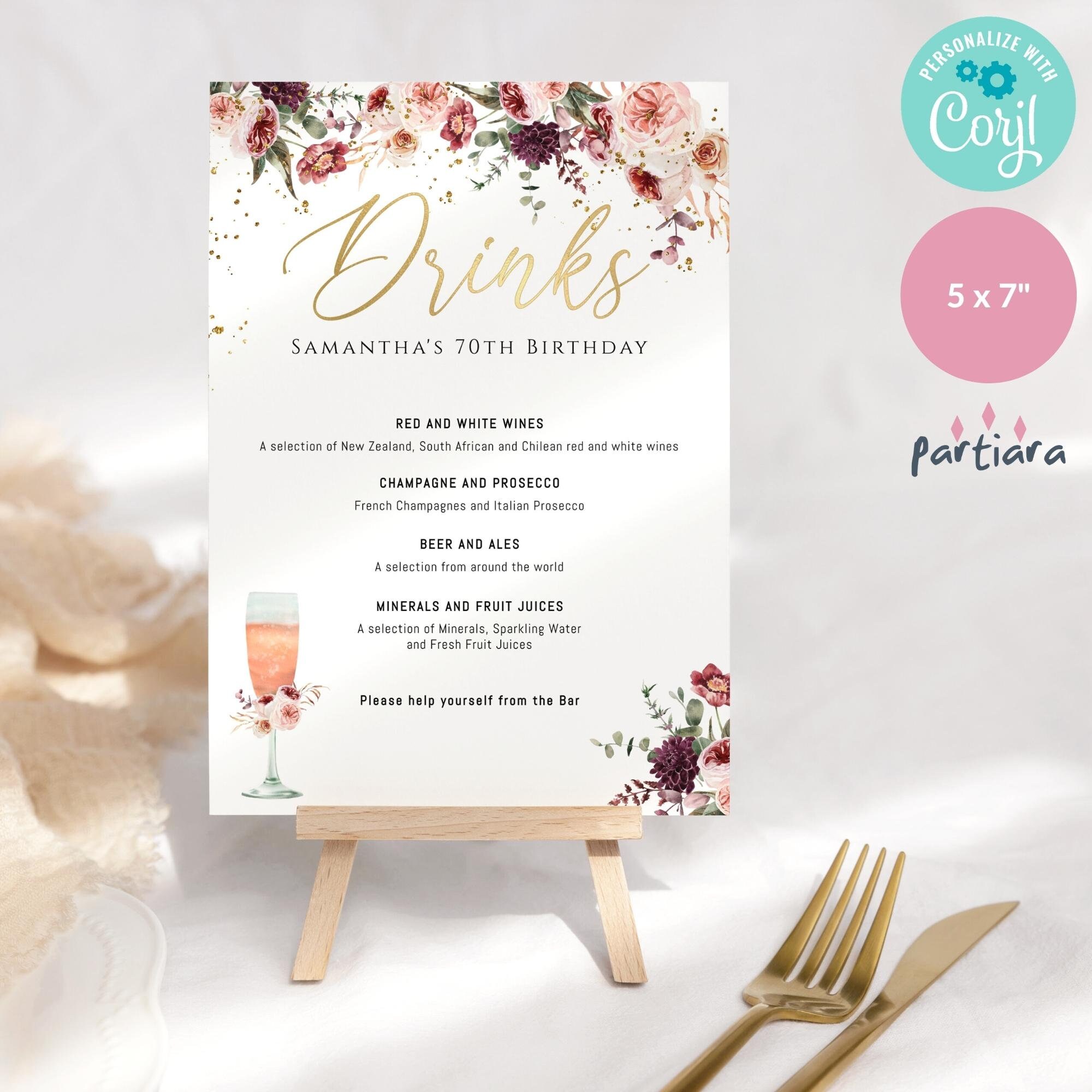 Birthday Drinks Menu Printable Ladies Party Table Bar Menus - Etsy