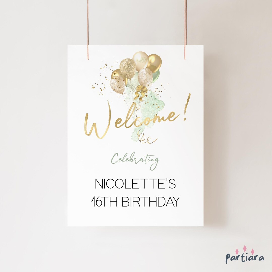Green Birthday Welcome Sign Template, Teen Girls 16th Party Welcome ...