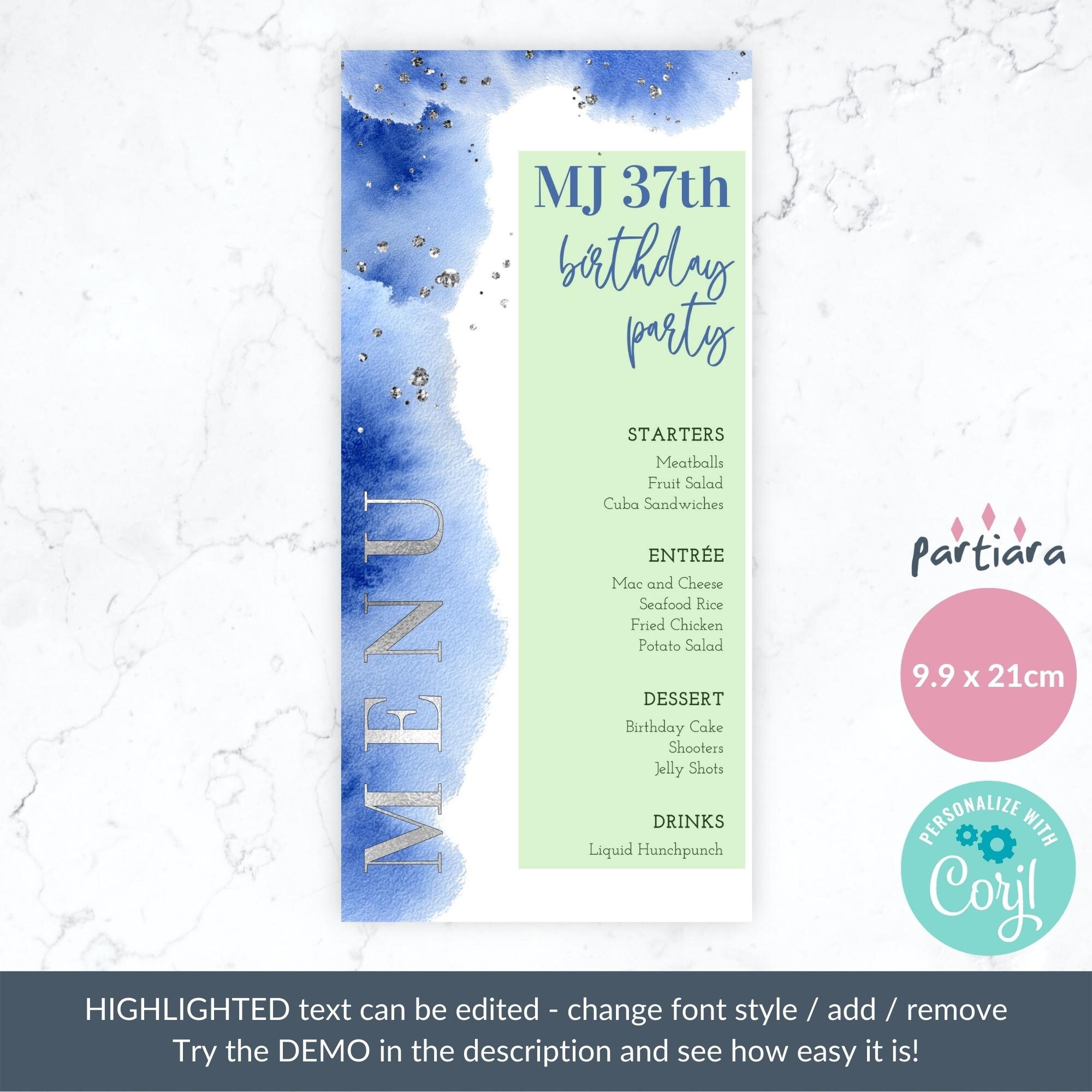 Blue Menu Card Editable Template, Royal Blue Menus Printable, Fathers ...