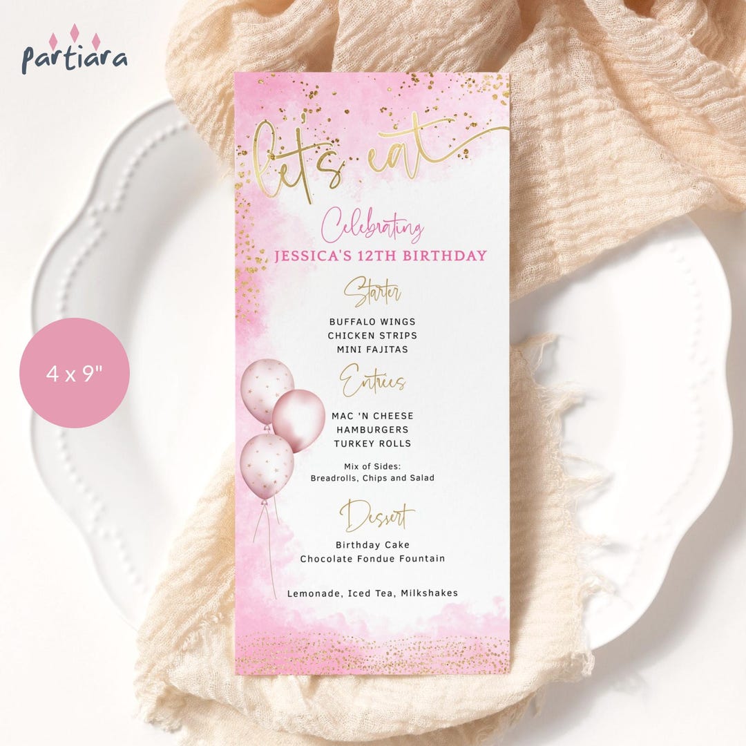 Girls Birthday Menu Template: Pink Gold Slim Table Menus Printable ...